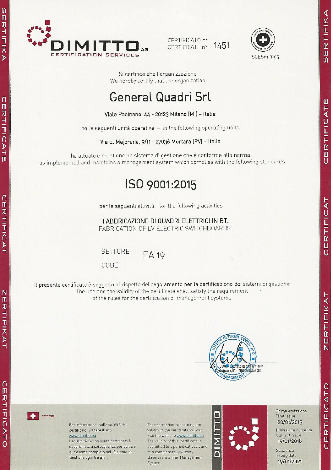 Certificato ISO 9001-2015 | General Quadri s.r.l. - Mortara (PV)